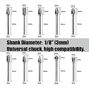 Tungsten Carbide Rotary Burr Set for Dremel, 10PCS Carbide Double Cut Carving Burr Bits with 1/8” Shank Rotary Tool Accessories for Woodworking, Engraving, Drilling, Steel Metal Working