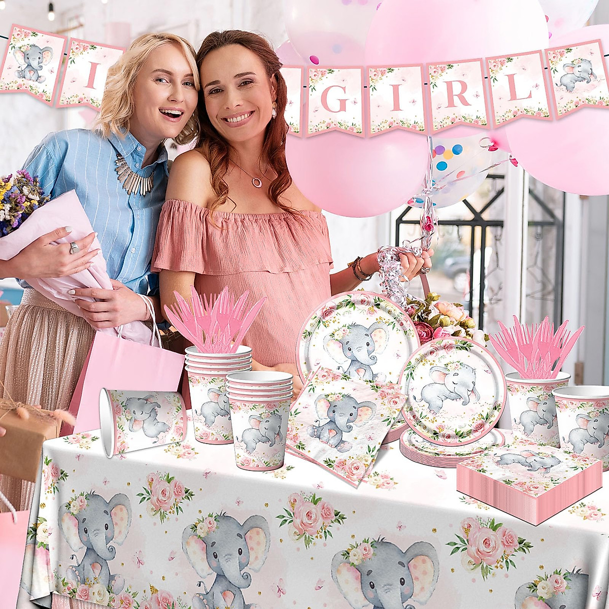 142Pcs Pink Elephant Baby Shower Decorations for Girl It's A Girl Plates and Napkins Set with Cups Forks Tablecloth and Banner Baby Girl Gender Reveal Decorations Pink Baby Shower Party Supplies