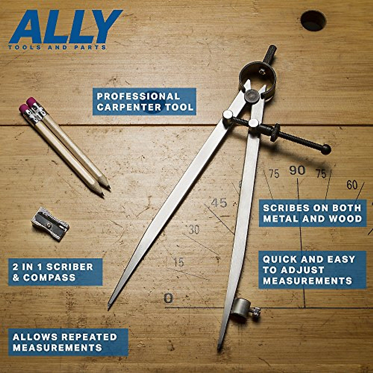 ALLY Tools 8 Inch Precision Locking Spring Divider/Woodworking Compass with Pencil Holder INCLUDES Two Pencils and Pencil Sharpener Ideal for Drawing, Drafting, Carpentry