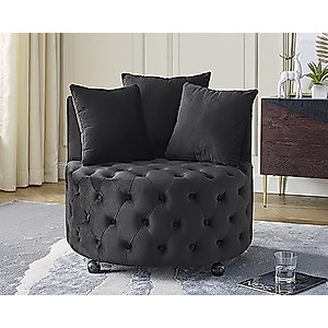 LKTART Velvet Upholstered Swivel Chair Sofa Chair with Wheels with Button Tufted Design and Movable WheelsIncluding 3 Pillows for Bedroom Reception Room Living Room Black