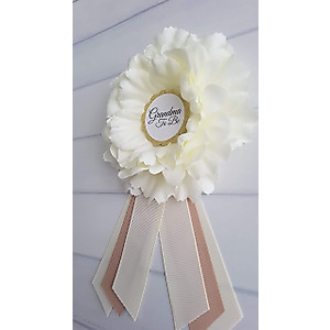 Mom To Be Sash and Dad To Be Pin By LMC | Baby Shower Belly Sash and Corsage | USA Handmade | Heat Sealed Ends | Ivory and Beige (Grandma to be pin)