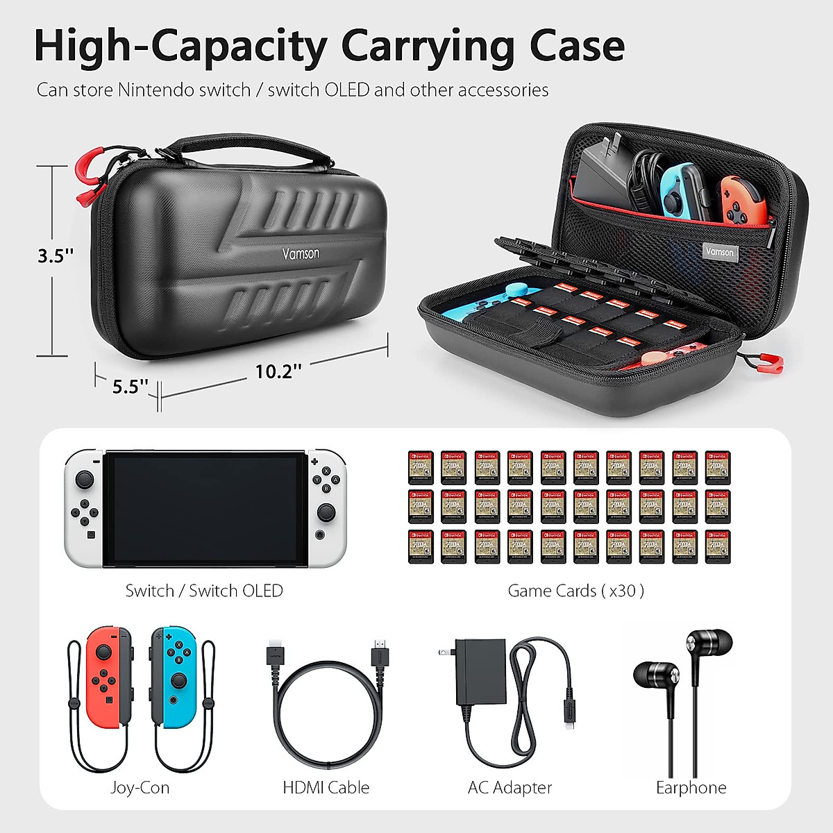 Vamson Carrying Case for Nintendo Switch/Switch OLED, Hard Shell Travel Protective Case Fit Original Charger AC Adapter Accessories, Storage Messenger Bag Backpack with Strap Holds 30 Game Cards VP816
