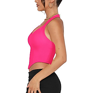 REORIA Women's Summer Sexy Halter V Neck Sleeveless Backless Y2K Trendy Crop Tank Tops for Going Out Neon Rose Red Medium