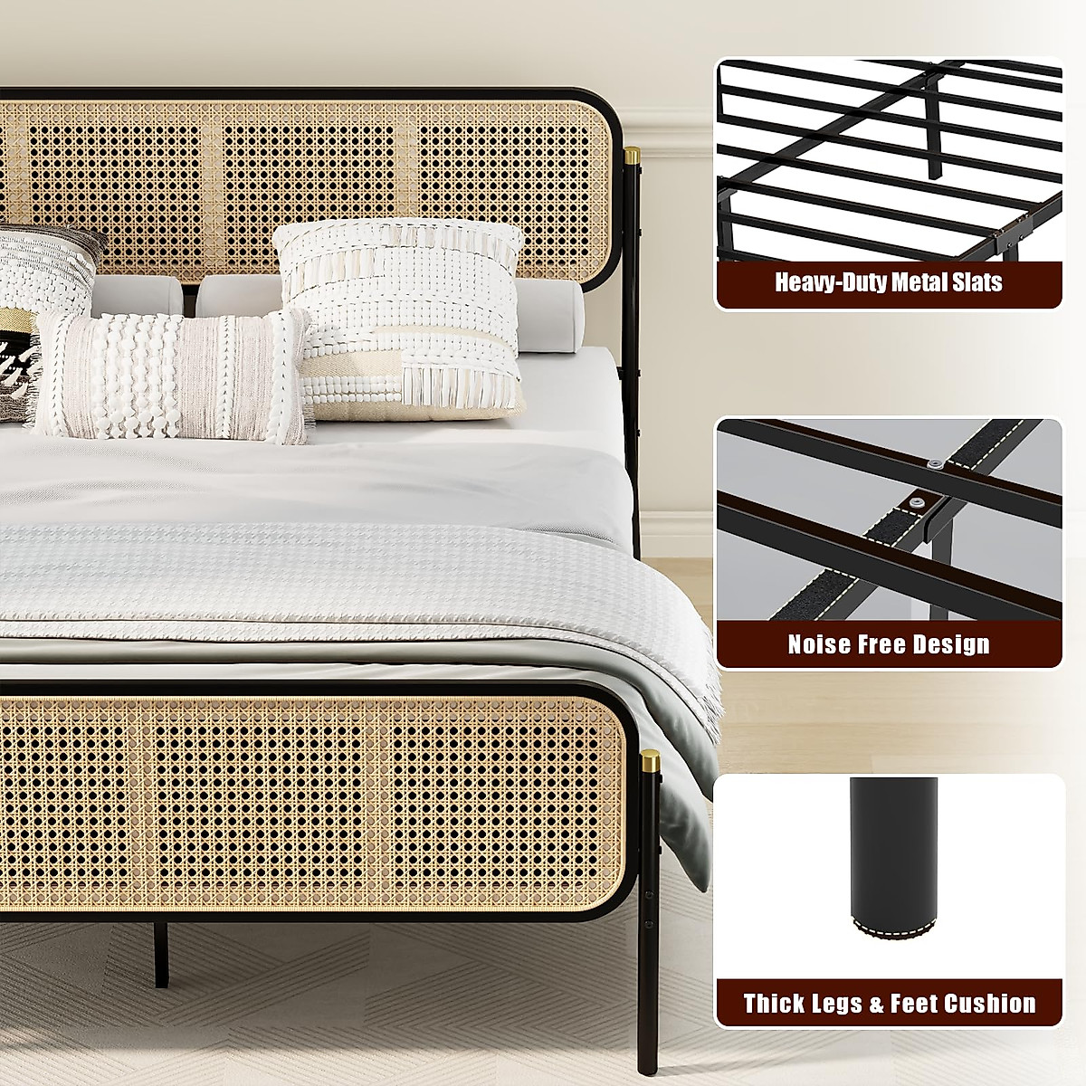 VOPEAK Rattan Bed Frame Full Size with Headboard, Boho Bed Frame, Full Bed Frame with Strong Metal Slats Support, Easy Assembly Mattress Foundation, Noise Free, No Box Spring Needed, Black
