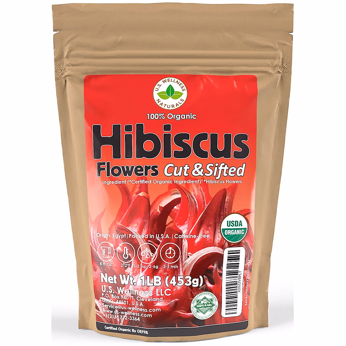 Hibiscus Tea 1LB (16Oz) 100% CERTIFIED Organic Hibiscus Flowers Herbal Tea (CUT&SIFTED), Caffeine Free Tea (200+ cups) 1 lb. Bulk Resealable Kraft BPA-Free Bag