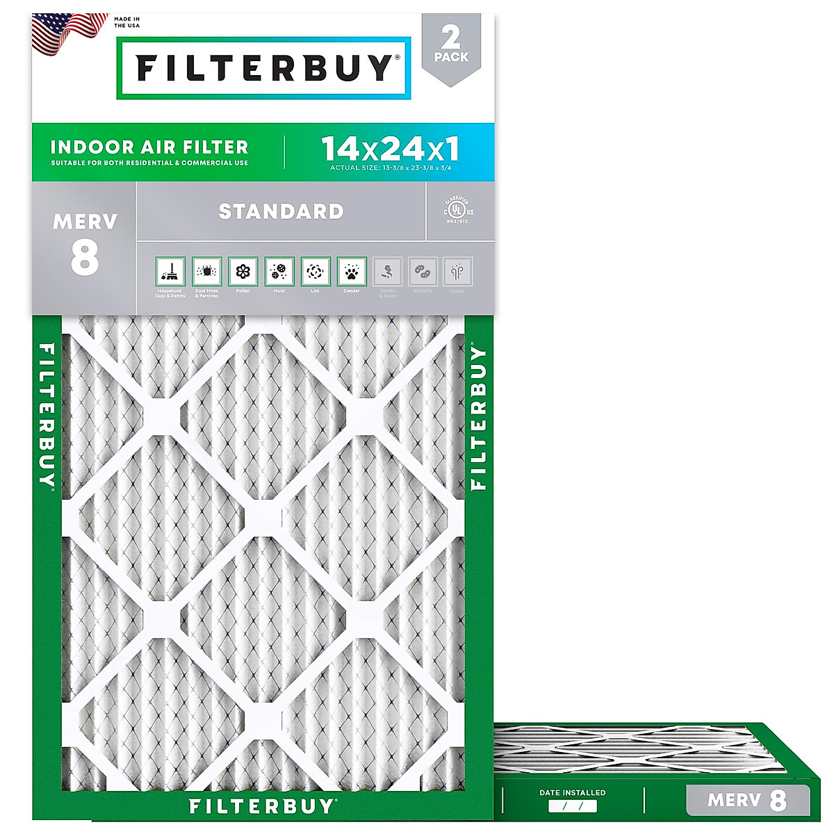 Filterbuy 14x24x1 Air Filter MERV 8 Dust Defense (2-Pack), Pleated HVAC AC Furnace Air Filters Replacement (Actual Size: 13.38 x 23.38 x 0.75 Inches)