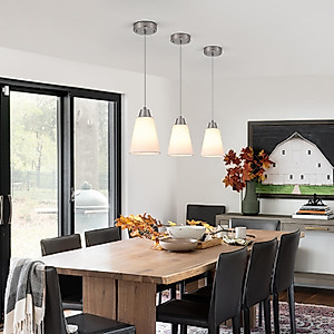 Brushed Nickel Pendant Light Set of 3,Silver Pendant Lights Kitchen Island, Dining Room Lamp Fixtures Over Table with White Fabric Shade, Modern Mini Chandeliers,Adjustable Cord Hanging Lighting