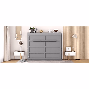 Murphy Bed Wall Bed Chest Versatility Bed, Full Size Wood Murphy Bed Wall Bed Frame, Foldable Platform Bed Folded into Cabinet, Space Saving, Suitable for Guest bedrooms and Offices (Grey@F*)