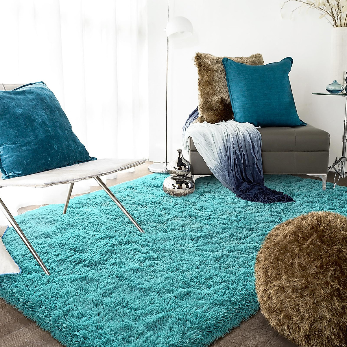 Ompaa Soft Fluffy Area Rug for Living Room Bedroom, 4x6 Teal Blue Plush Shag Rugs, Fuzzy Shaggy Accent Carpets for Kids Girls Rooms, Modern Apartment Nursery Dorm Indoor Furry Decor
