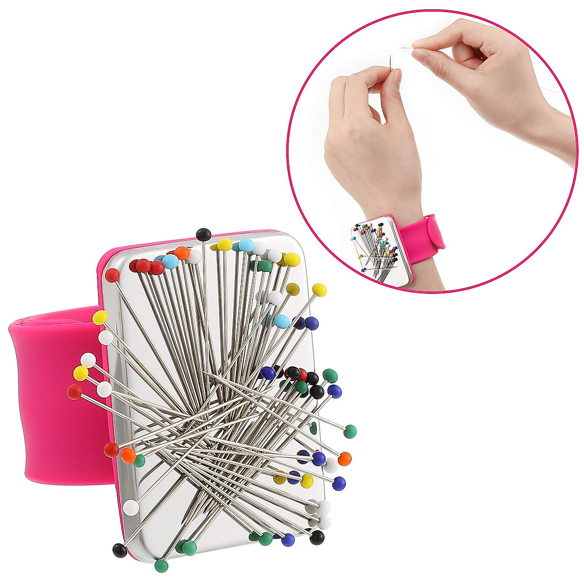 Magnetic Wrist Sewing Pincushion Wrist Magnetic Pin Holder Wristband Pin Cushion Holder with 3 Pieces Stainless Steel Pintail Comb Rat Tail Comb for Hair Clips Sewing, Daily Hand Sewing (Rose Red)