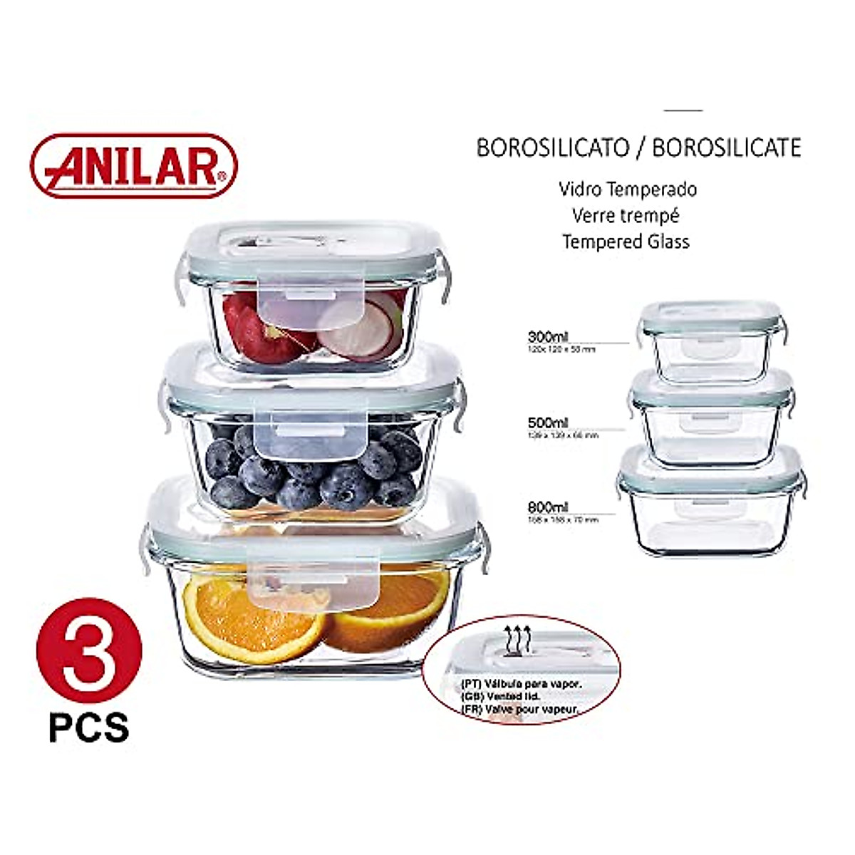 Anilar Tempered Glass Square Food Storage with Vented Lids - Set of 3
