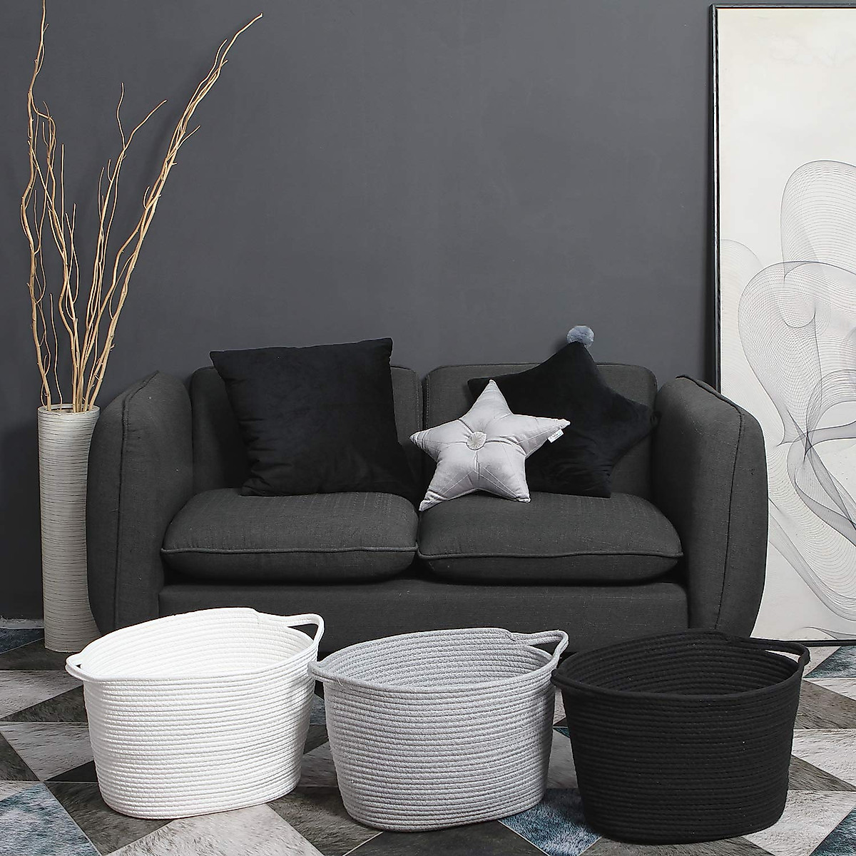 Sea Team Oval Cotton Rope Woven Storage Basket with Handles, Diaper Caddy, Nursery Nappies Organizer, Baby Shower Basket for Kid's Room, 14.2 x 9 x 11.4 Inches (Medium Size, Black)