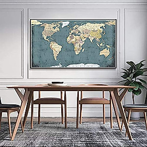 Welmeco Large Office Wall Decoration Retro Detailed World Map Canvas Prints with Premium Black Frame Vintage Push Pins Travel Map of The World Picture Artwork for Modern Home Office Living Room Decor