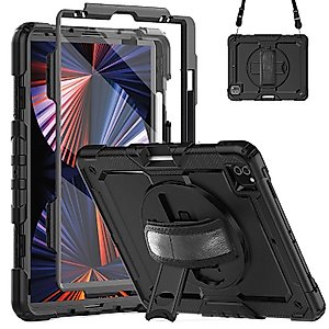 Whmeolyo iPad Pro 12.9 Case 2022 6th Gen/2021 5th Gen/2020 4th Gen/2018 3rd Gen, Shockproof Rugged 12.9 inch iPad Pro Case with Screen Protector Pencil Holder,Kickstand Hand & Shoulder Strap,Black