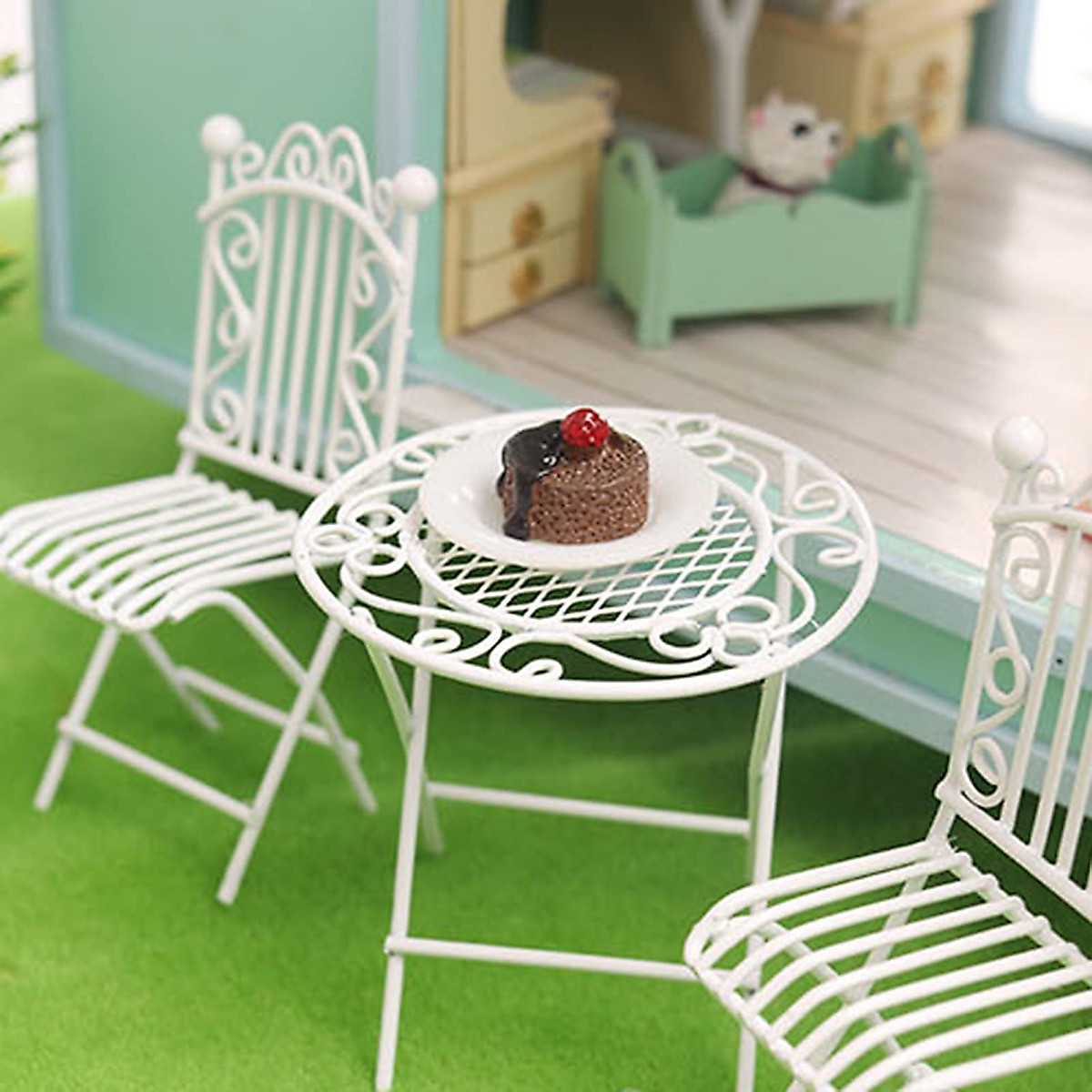 Metal Doll House Bistro Set, White Miniature Doll House Table and Chairs Set, 1/12 Scale Miniature Patio Set Fairy Garden Furniture Ornaments Micro Decor A