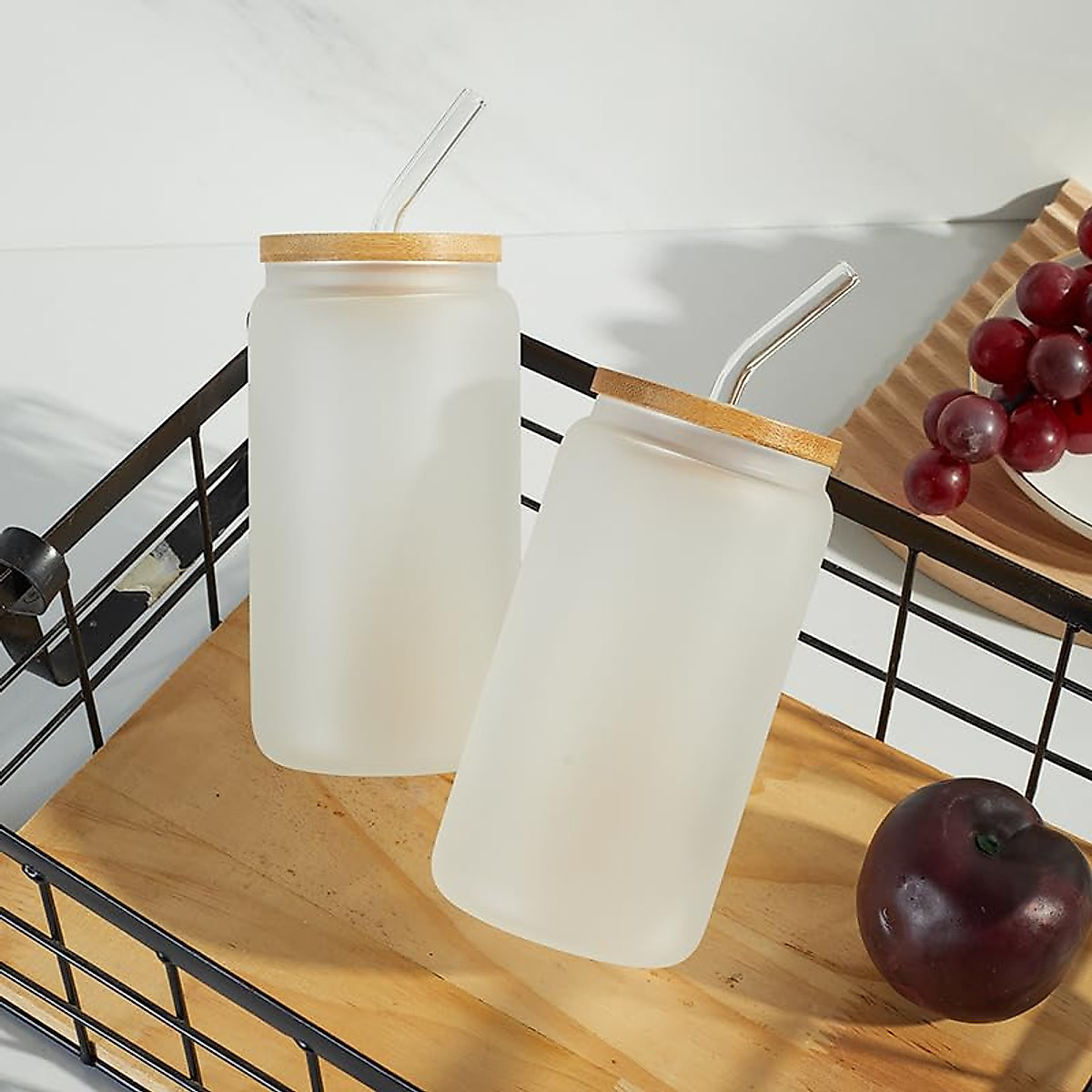 Fiera 16oz Drinking Glassware with Bamboo Lid and Reuasable Straw, Iced Coffee cup, Juice glassware, Cocktail Cup (1 PC) (Frosted)