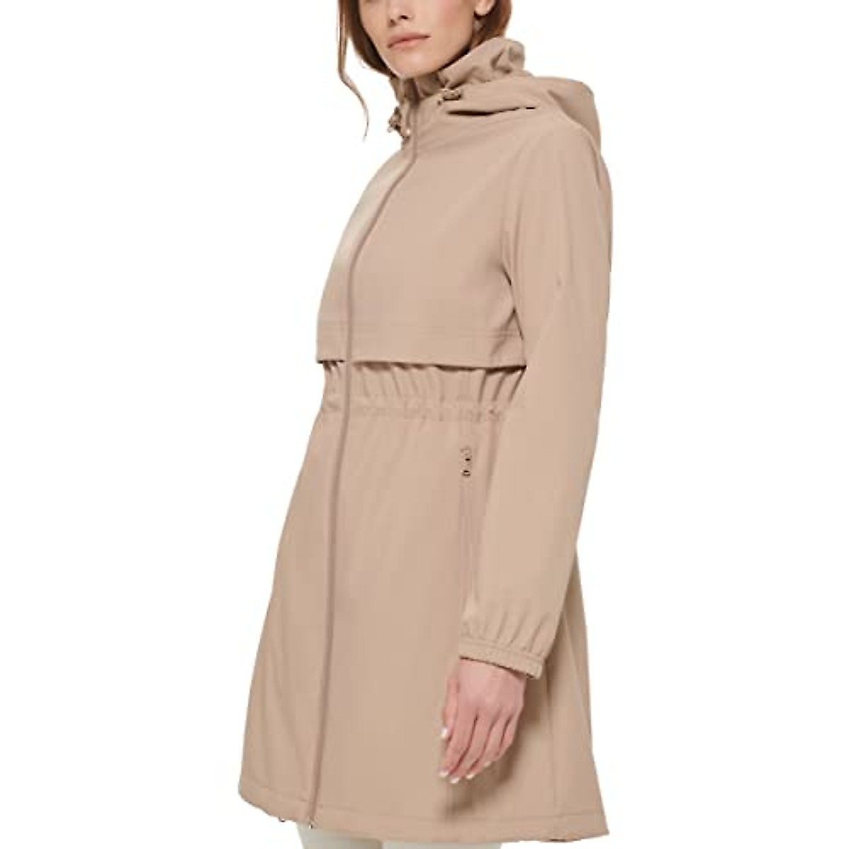 Calvin Klein Women's Water Resistant Adjustable Waist Hooded Back Logo Detail Anorak, Khaki Medium