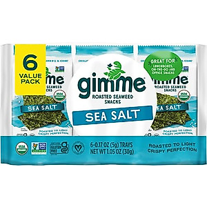 gimMe - Sea Salt Organic Roasted Seaweed Sheets Keto, Vegan, Gluten Free Great Source of Iodine & Omega 3’s Healthy On-The-Go Snack for Kids Adults 6 Count( Pack 1)