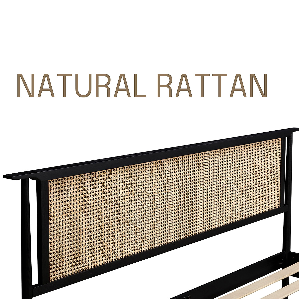 NTC Ruby Wooden Bed Frame with Headboard and Natural Rattan, Solid Oak Foundation with Silent Slats, 1000 Lb Capacity, Effortless Assembly, Queen - Burnt Black
