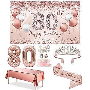Trgowaul 80th Birthday Decorations Party Set for Women, Rose Gold 80 Birthday Banner and Tablecloth, 80 & Fabulous Sash and Tiara, 1PC Happy 80th Birthday Cake Topper, Pink Gold 80 Number Balloons