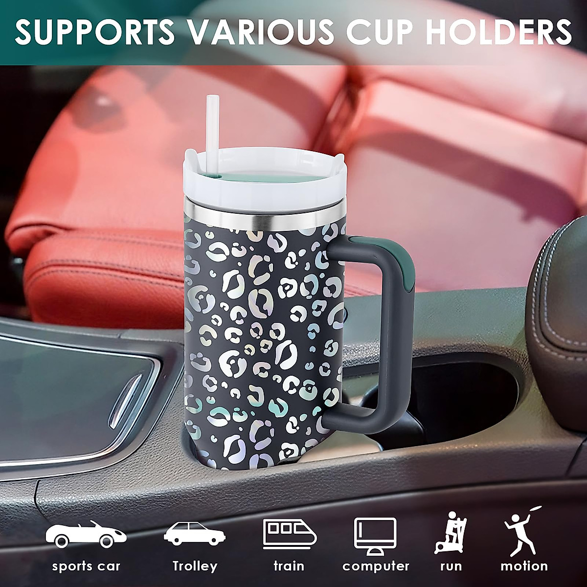 PIMDIR 40oz Leopard Tumbler with Handle Straw Lid, Stainless Steel Vacuum Insulated Reusable Travel Mug Keep Drinks Cold Ice Gym Cup, Gifts for Women Lovers, Car Holder Friendly, Gray