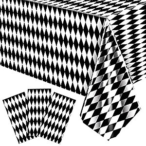 3 Pieces Black and White Checkered Tablecloths Plastic Gingham Table Cover for Wonderland Party Tea Party Supplies Camping Picnic Wedding Birthday Halloween Party Decorations, 54 x 108 Inch