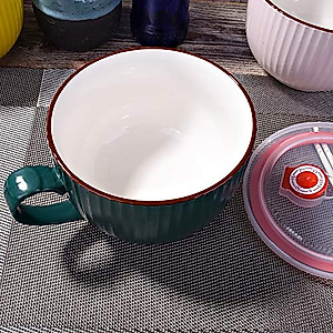 BOSILI Ceramic Bowl with Lid & Handle, 24 OZ Porcelain Soup Noodle Bowl with Lid, Microwave for Instant Noodle Sara, Cereal Bowl(Green)