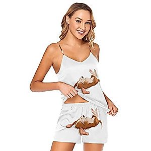 Boxer Dog Face Heads Seamless on White Grey Women's 2 PCs Pajamas Set, PJ Satin Silk Camisole Lingerie Sleepwear, Sleeveless Nightwear Silky Shorts Loungewear(XXL)