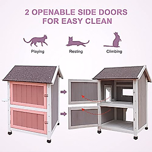 HiCaptain Outdoor Cat House, Wooden Feral Cat Shelter Weatherproof Outside 2 Story Large Kitty House with Escape Door
