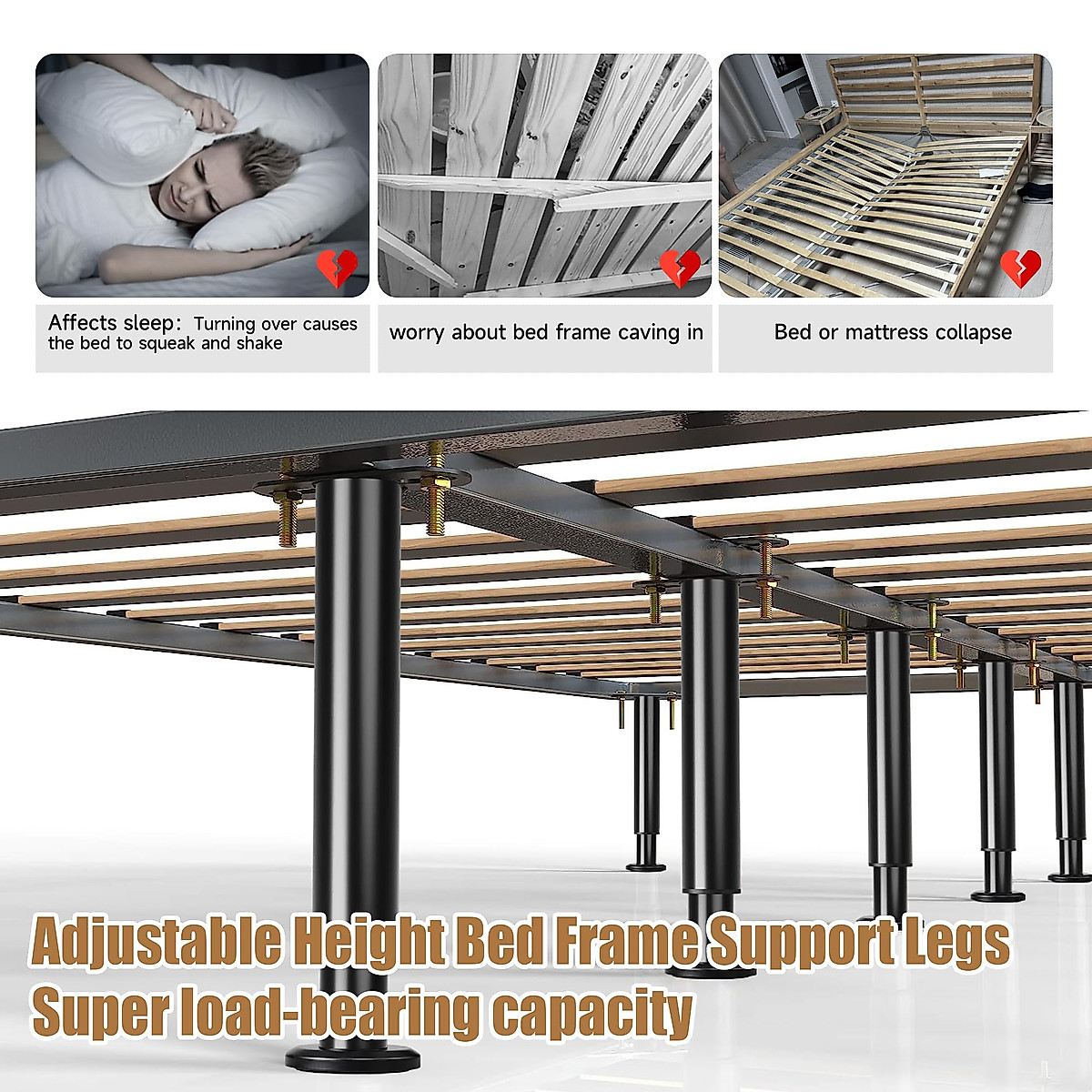 2 Pcs Adjustable Bed Frame Center Support Legs, Heavy Duty Cold Rolled Steel Bed Slat Support Legs With Wider Base, Bed Frame Leg Replacement, Furniture Support Reinforcement Kit (Height 5in To 8.6in)