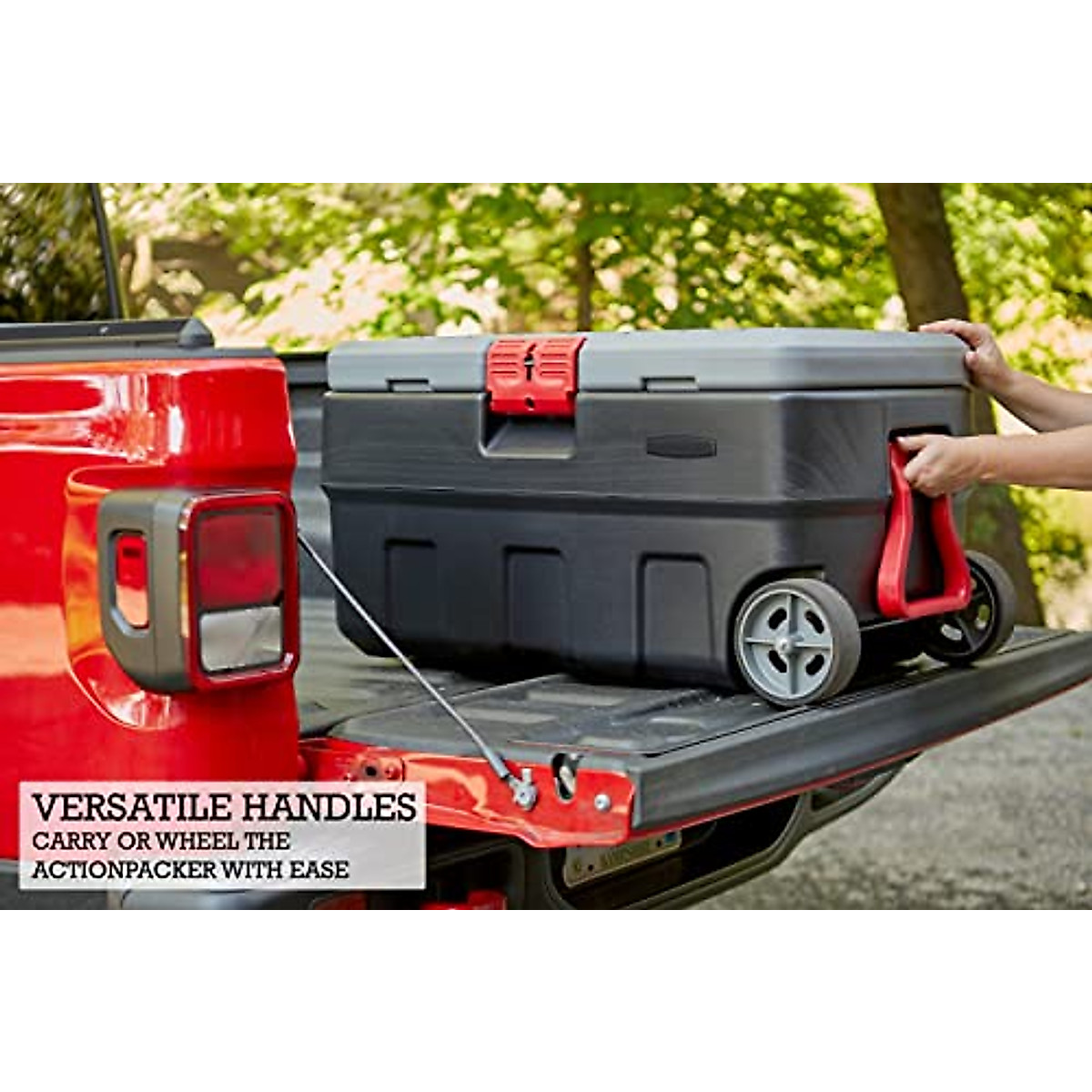 Rubbermaid ActionPacker 35 Gal Wheeled Lockable Storage Bin with Lid, Heavy-Duty Water Repellent Industrial Container with Built-In Durable Wheels, Great Tool Organizer, Truck Bed Storage, and More