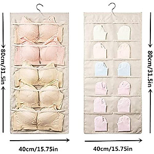 LCXPEI Closet Hanging Organizer Mesh Pockets and Rotating Metal Hanger, Oxford Cloth Space Saver Bag, Dual-Sided Hanging Storage Organiser for Underwear, Panties ,Bra and Sock(Beige, Expand 5+10 Pockets)