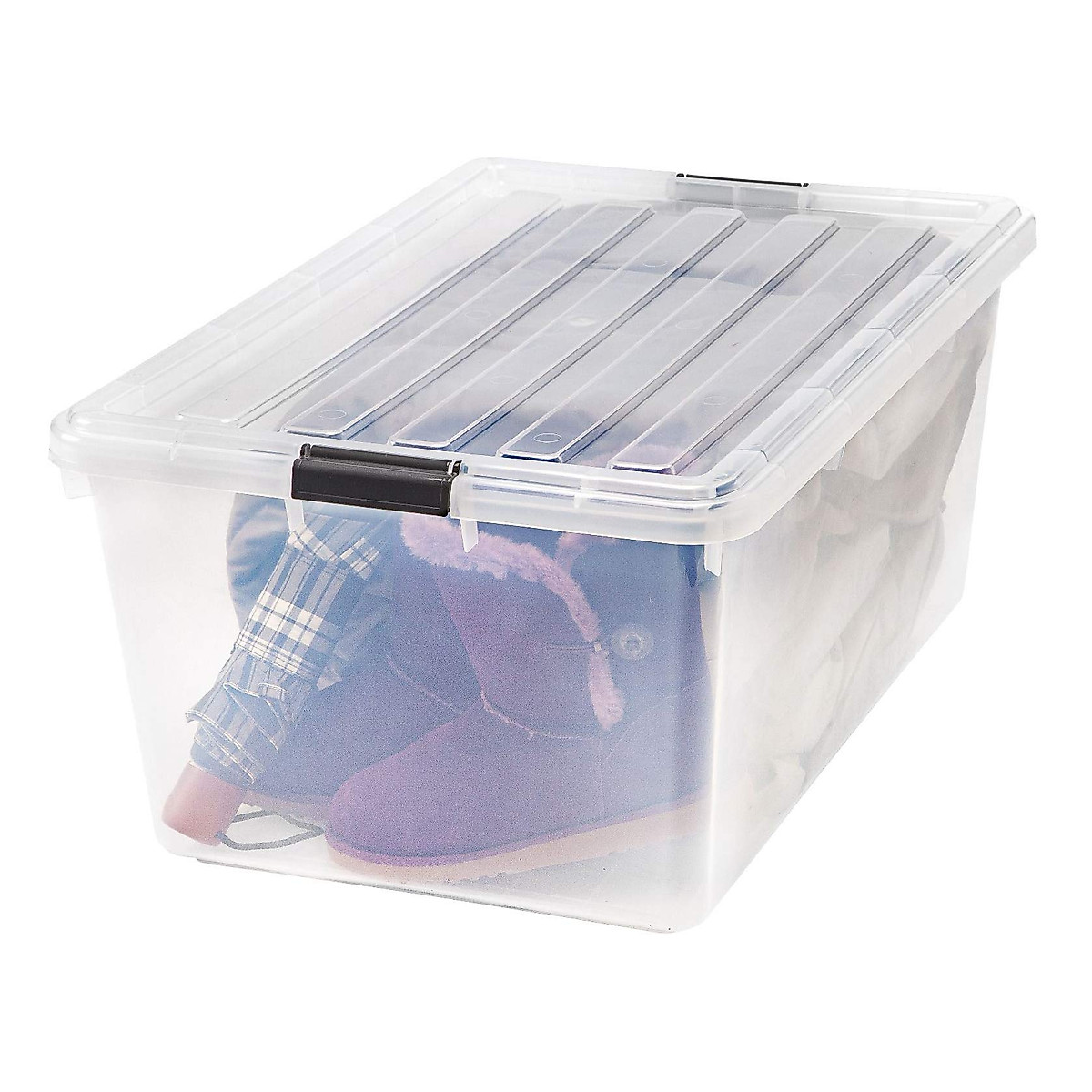 IRIS USA 68 Quart Large Storage Bin Utility Tote Organizing Container Box with Buckle Down Lid for Clothes Storage, 5 Pack, Clear (585380)