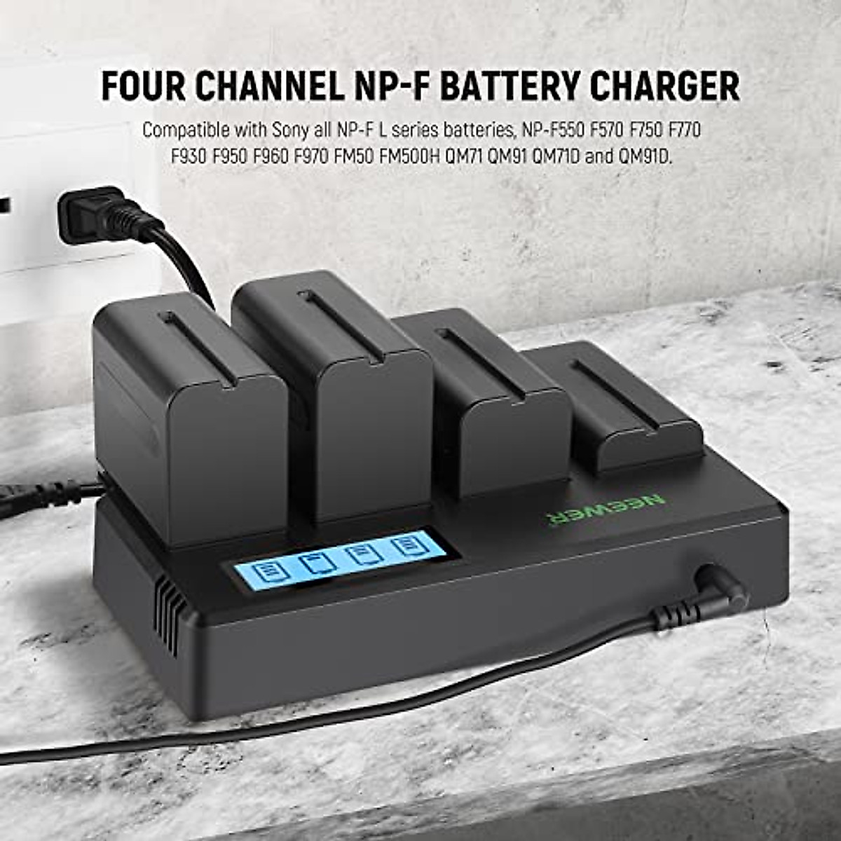Neewer 4 Packs NP-F750 Replacement Batteries 7.4V 5600mAh with 4 Channel Battery Charger & Power Adapter, Compatible with NP-F550/750/770/970 FM500H QM71D QM91D, Field Monitor, Video Light
