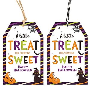 Anwyll Happy Halloween Tags,100Pcs Halloween Paper Gift Tags with String,Halloween Pumpkin Cat Bat Spider Gift Tags,A Little Treat for Someone Sweet Hanging Tags for Gift Candy Treat Bag Party Favors