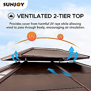 Sunjoy Hardtop Gazebo 11' X 13' Cedar Framed Wood Gazebo with Brown Double Steel Hardtop Roof Permanent Canopy for Garden, Backyard Shade