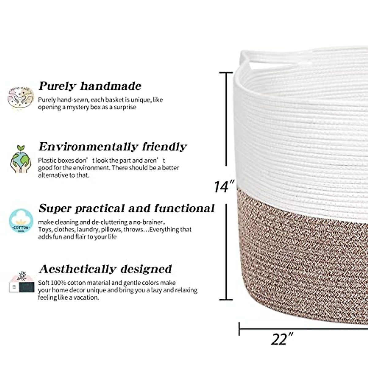 R RUNKA Extra Large Cotton Rope Basket 22" x 14" - Toy Basket for Kids -Blanket Basket for Living Room - Woven Baskets for Storage