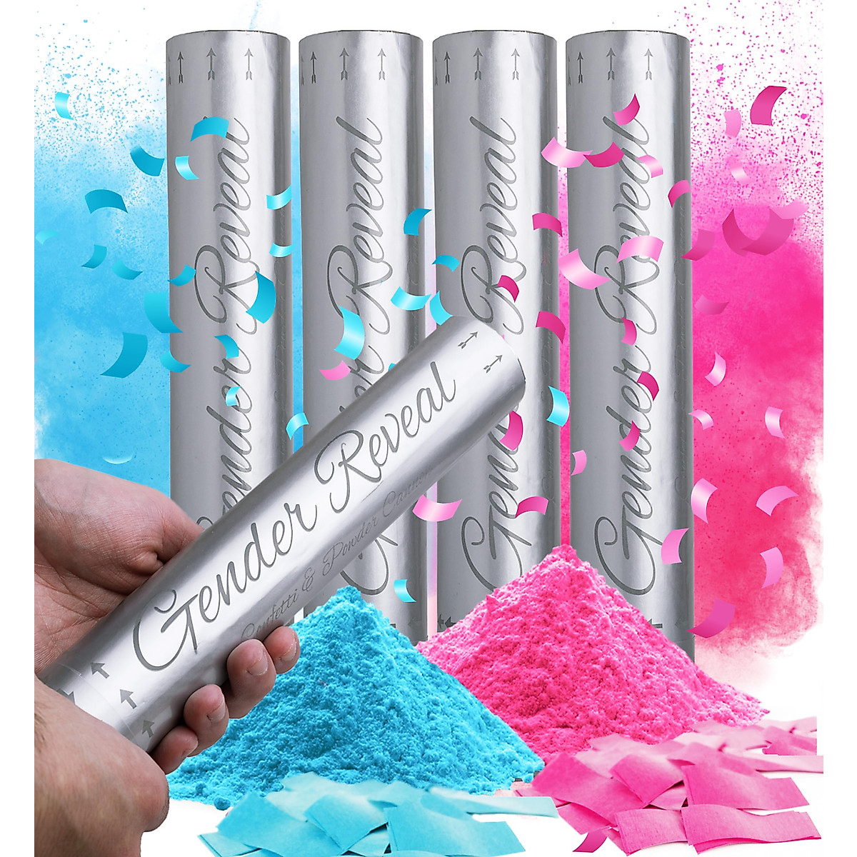 Santiago Design | Gender Reveal Confetti Cannon Poppers - Set of 4 (2 Blue 2 Pink) - 100% Biodegradable Confetti Tissue & Safe Powder Smoke - Baby Boy Girl Gender Reveal Party Supplies