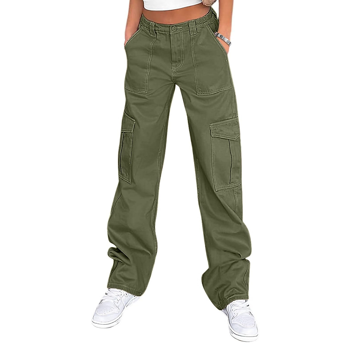 Cargo Pants Women Cute Pants Baggy Straight Wide Leg Pants with Pockets Y2k Streetwear Army Green