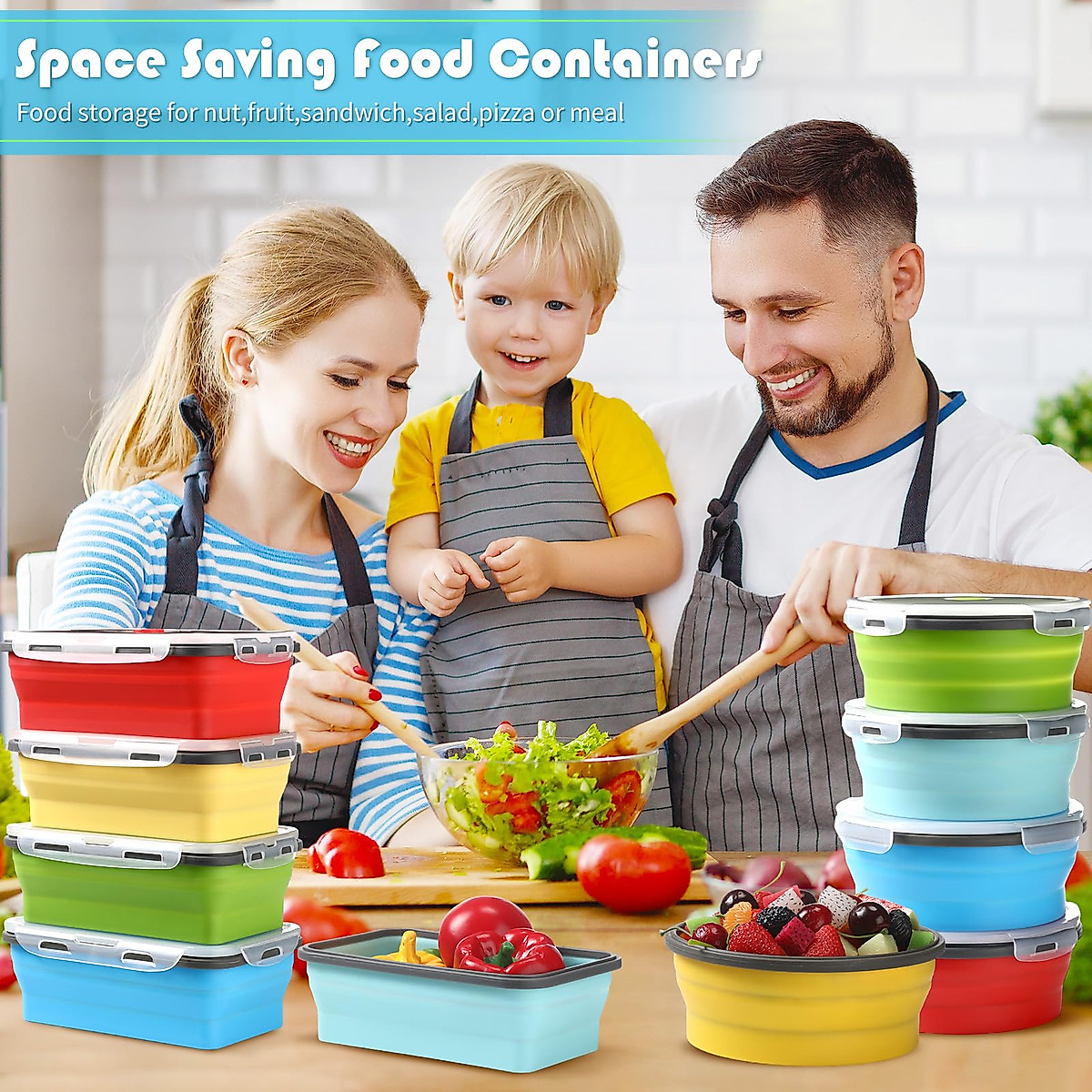 Dandat 10 Pcs 27 oz Large Silicone Collapsible Food Storage Containers with Airtight Lids Stacking Meal Lunch Containers for Kitchen, Travel, Microwave Freezer Dishwasher Safe(Stylish Color, 27 oz)