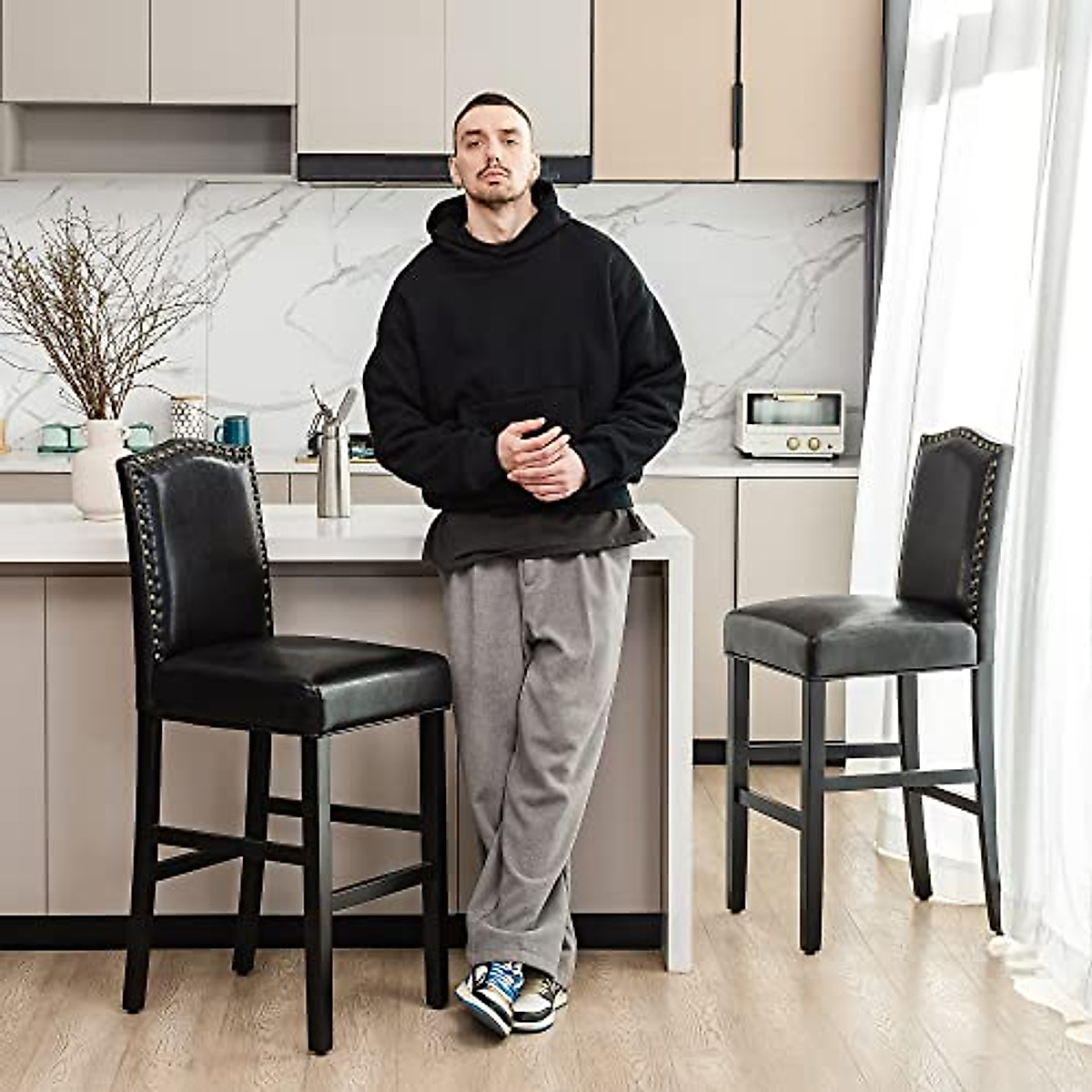 glitzhome Bar Stools Set of 2, 45" H Black Bonded Leather Armless Barchair with High-Back Studded Solid Rubberwood Legs for Kitchen Island Breakfast Chair for Dining Room, Party Room & Restaurant