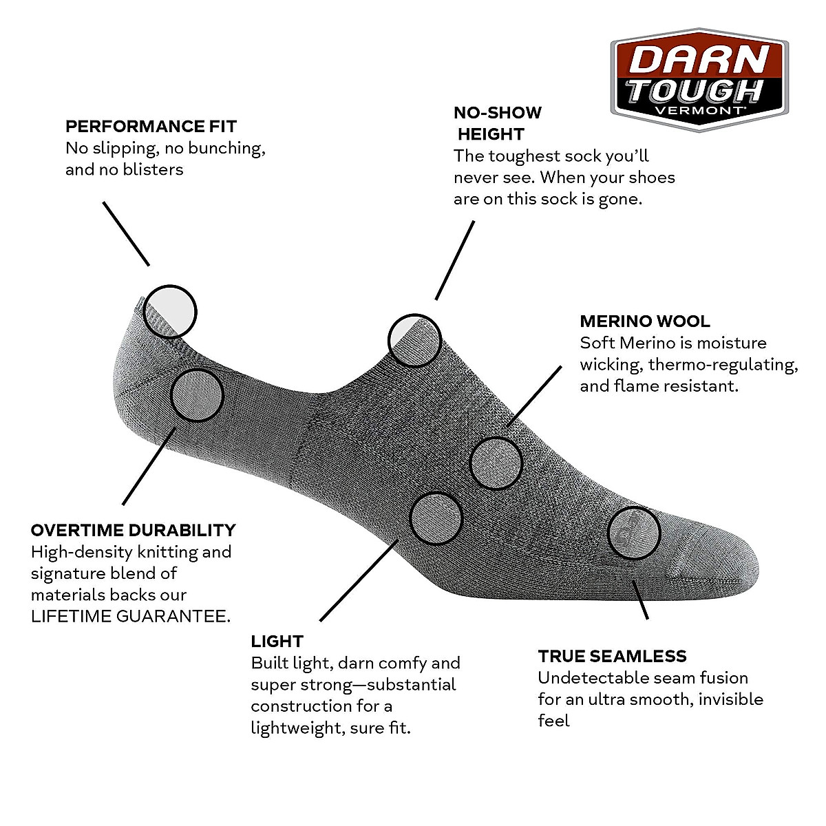 Darn Tough Men's Topless Solid No Show Hidden Lightweight Lifestyle Sock (Style 6055) - Space Gray, Large