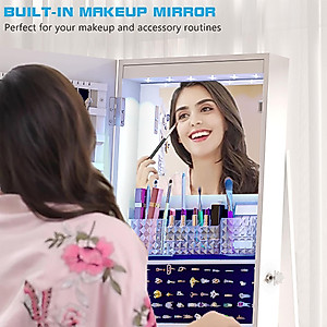 Lvifur 360° Rotating 64'' Jewelry Armoire with 6 LEDS, Full Length Mirror Large Capacity Jewelry Organizer Armoire, Lockable Floor Standing Mirror with 4 rollers for Bedroom, Cloakroom