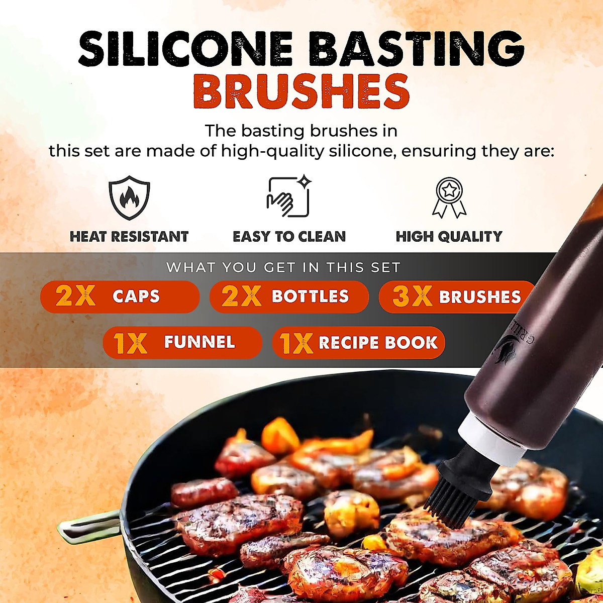 Sauce Basting Bottle Set for Grilling with 3 Silicone BBQ Basting Brush Caps & 2 Squeeze Caps - Squeeze Bottles for Sauces with Applicators, Storage Caps & Funnel - Condiment Sauce Dispenser