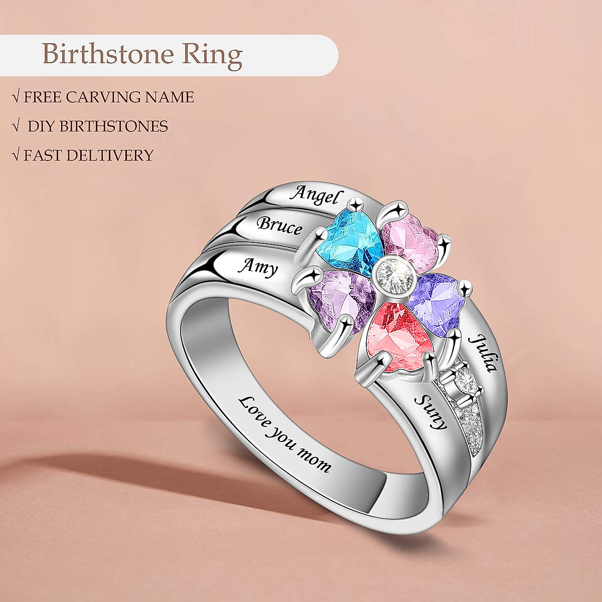 BAUMA AUTO Personalized Sterling Silver Mothers Rings with 5 Simulated Birthstones Rings for Mom Mothers Days Rings Family Name Rings for 5 Mother's Christmas Rings for Mom Friendship rings (Gold)