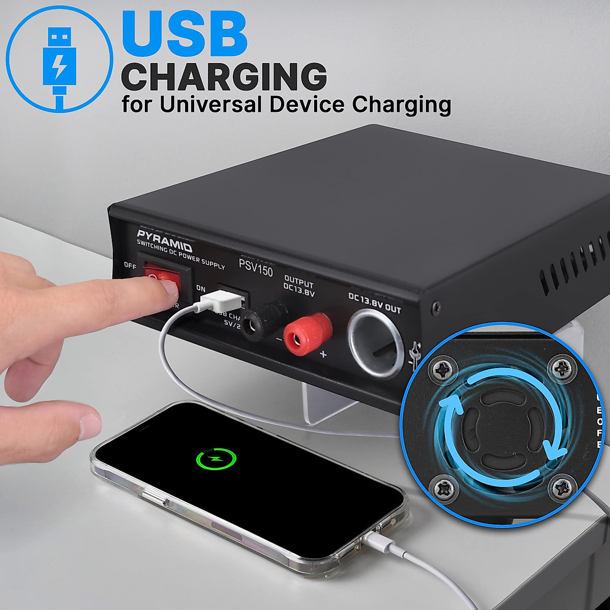 Pyramid Universal Compact Bench Power Supply- 12Amp Variable Linear Regulated Home Lab Benchtop AC-DC Power Converter - USB Port,Cigarette Lighter,115/230V AC,Screw Terminal,Cooling Fan - PSV150,Black