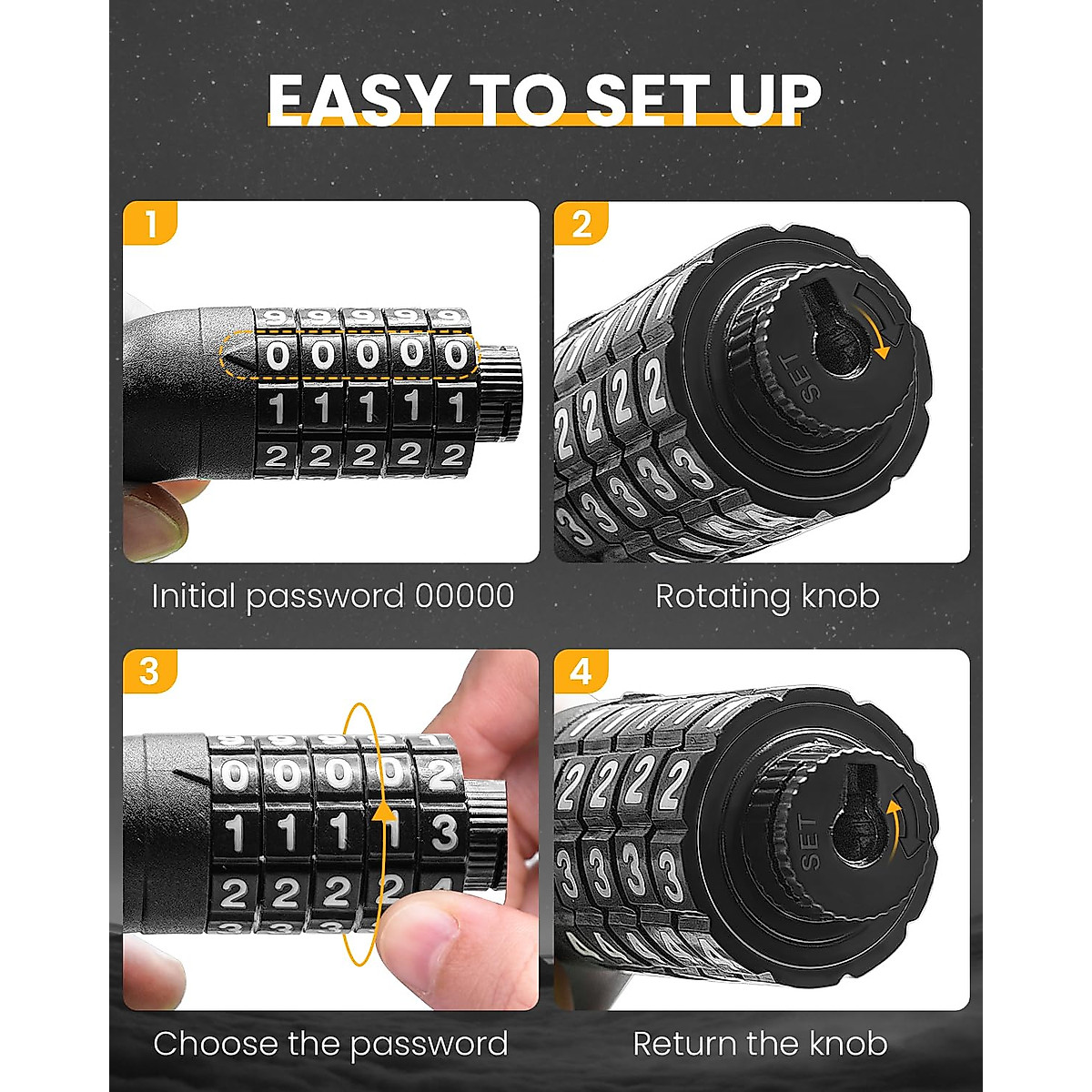 MULTIJOY Combination Lock, Black, Keyless, Resettable, 4 Feet Length, 1/2"Diameter, Waterproof Design