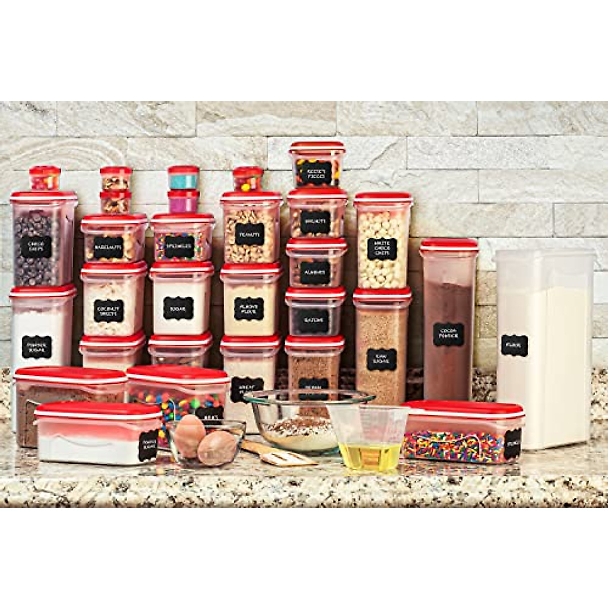 LARGEST Set of 60Pc Airtight Food Storage Containers (30 Container Set) Airtight Plastic Dry Food Space Saver Organizer, One Lid Fits All -Stackable Freezer Refrigerator kitchen Storage Containers RED