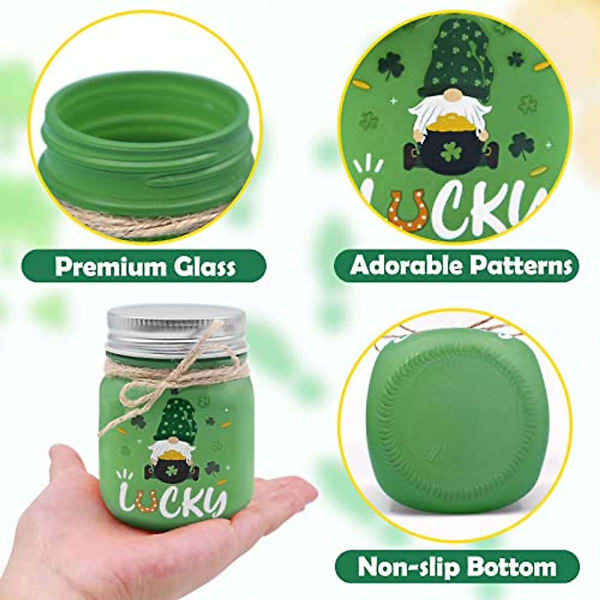 St. Patrick’s Day Gnome Mini Mason Jar St. Patrick’s Day Tiered Tray Decor Spring Gnome Table Decor for Kitchen Irish Decor Island Sign Shamrock Pattern Set of 3 St. Patrick Gift Idea 2.4”*3.1”