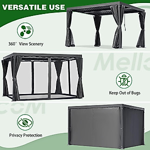 MELLCOM 10x12ft Louvered Pergola with Curtains and Nets, Aluminum Pergola with Adjustable Rainproof Roof, Outdoor Hardtop Pergola for Patio, Backyard, Deck, Dark Gray